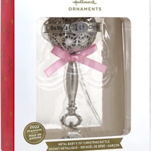 Hallmark Premium Baby's First Christmas Silver Baby Rattle with Pink Ribbon 2022 Metal Ornament with Queen of the Castle Satin Gift Bag