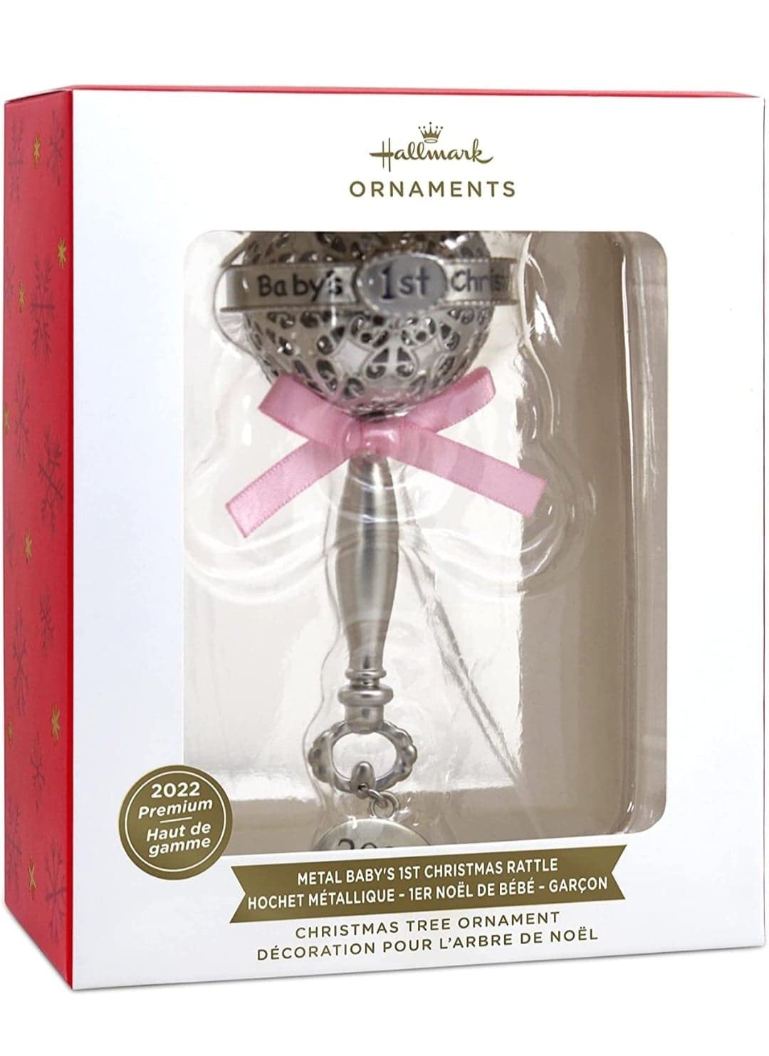 Hallmark Premium Baby's First Christmas Silver Baby Rattle with Pink Ribbon 2022 Metal Ornament with Queen of the Castle Satin Gift Bag