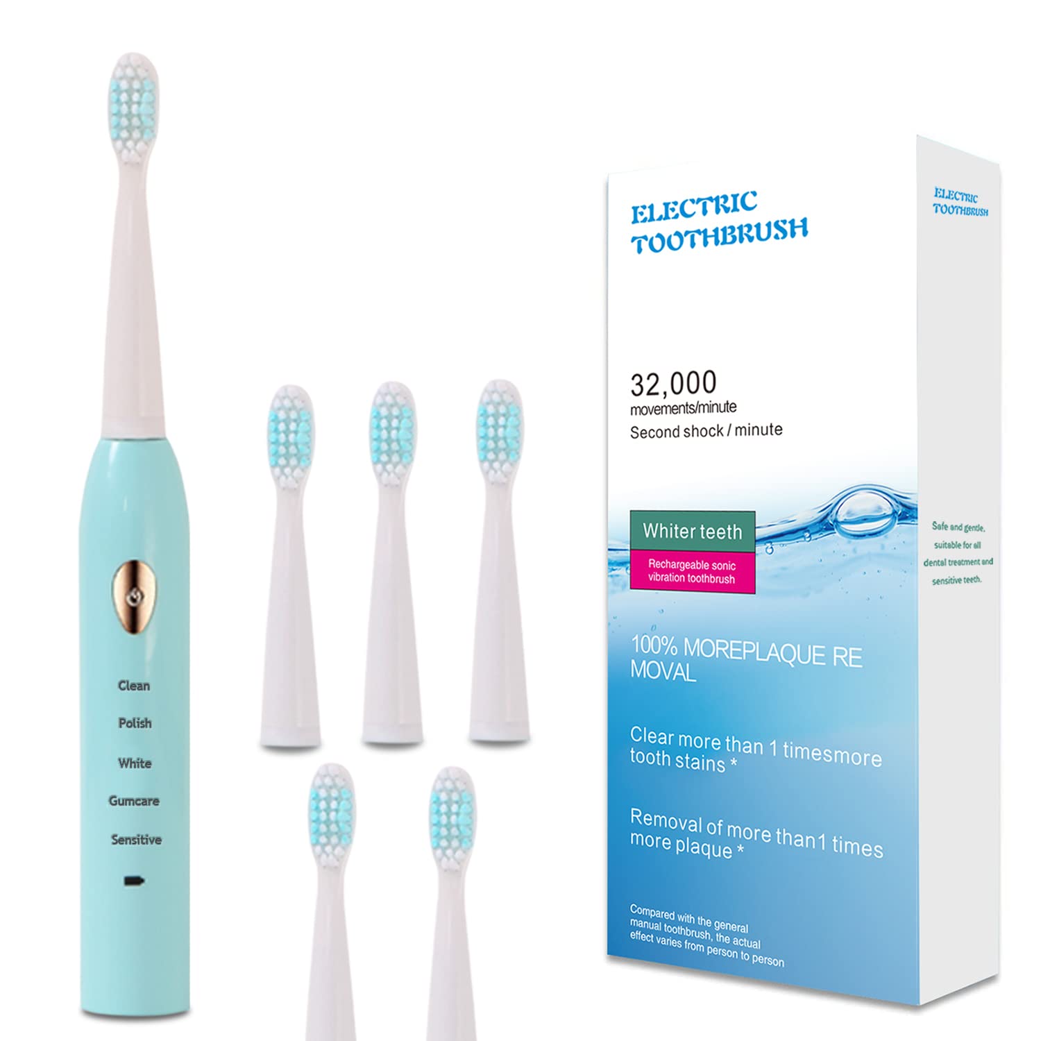 AIPOEXUNO Electric Toothbrush 5 Brush Heads Adults and Kids, Rechargeable Sonic Toothbrush, 5 Modes Optional, USB Fast Charge Powered Toothbrush Last 30 Day,2 Minute Smart Timing Reminder (Bule)