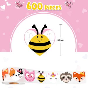 600 Pieces Valentine Roll Stickers for Kids Valentine's Day Heart Shaped Animal Sticker Heart Labels Greeting Cards Envelope Sealing for Valentines Day Classroom School Decoration Accessories