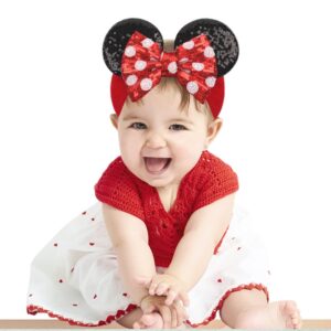 JIAHANG Baby Girl Mouse Ears Headwrap with Sequin Polka Dot Bow, Velvet Turban Hairband, Hair Bow Headband for Toddler, Kids, Party Supplies