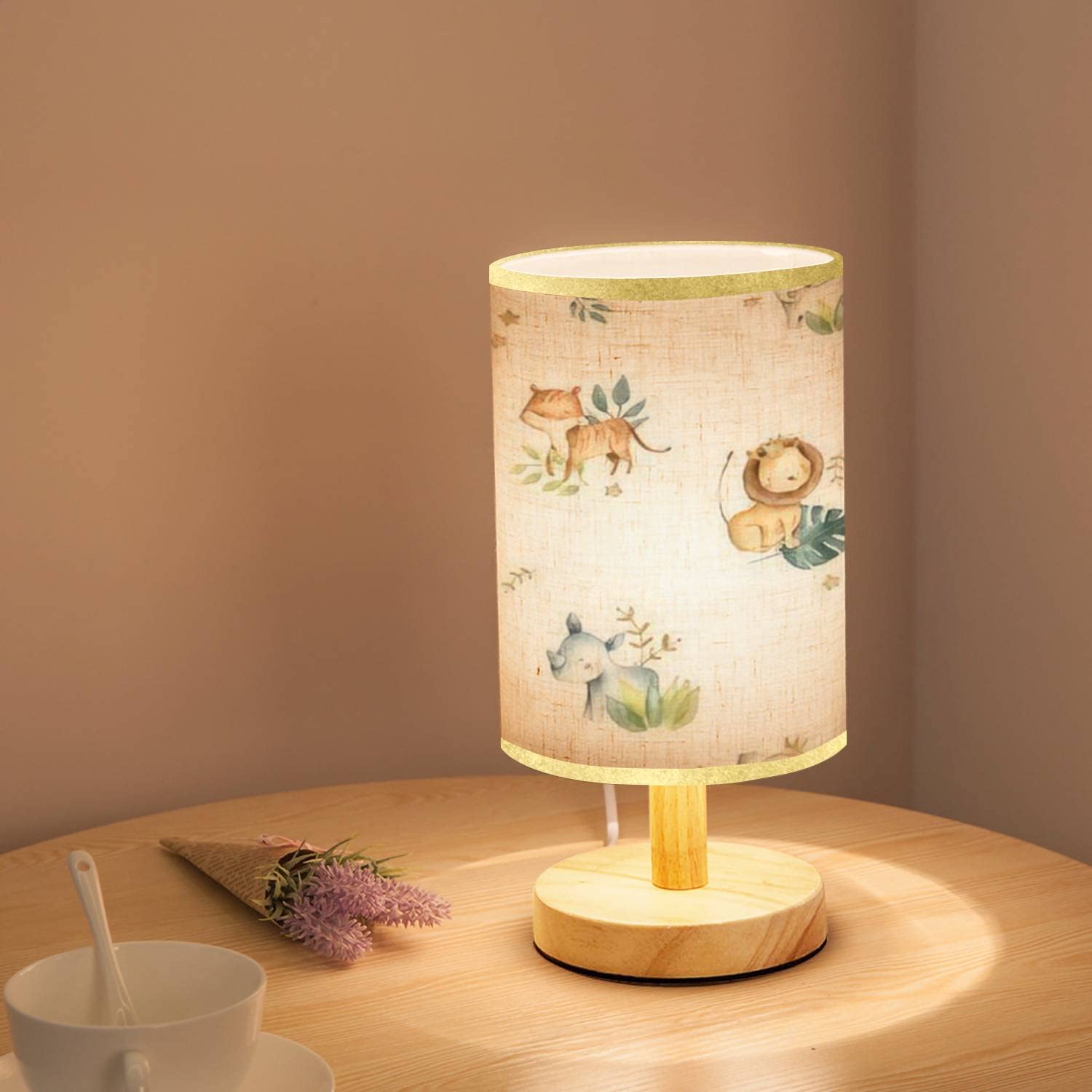 LOPYEIJFG Minimalist Bedside Table Lamp Safari Animals Watercolor Cute Baby Nursery Seamless Wood Nightstand Lamp Bedside Desk Lamp Wood Base Flaxen Fabric Shade for Bedroom Living Room, 5.5x11inch