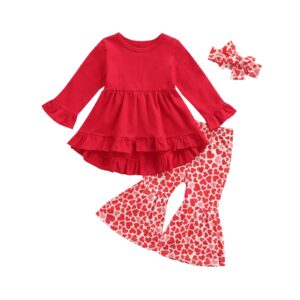 3pcs kids toddler baby girl valentine 's day outfits red long sleeve ruffle shirt heart print bell bottom pant headband (red, 90)