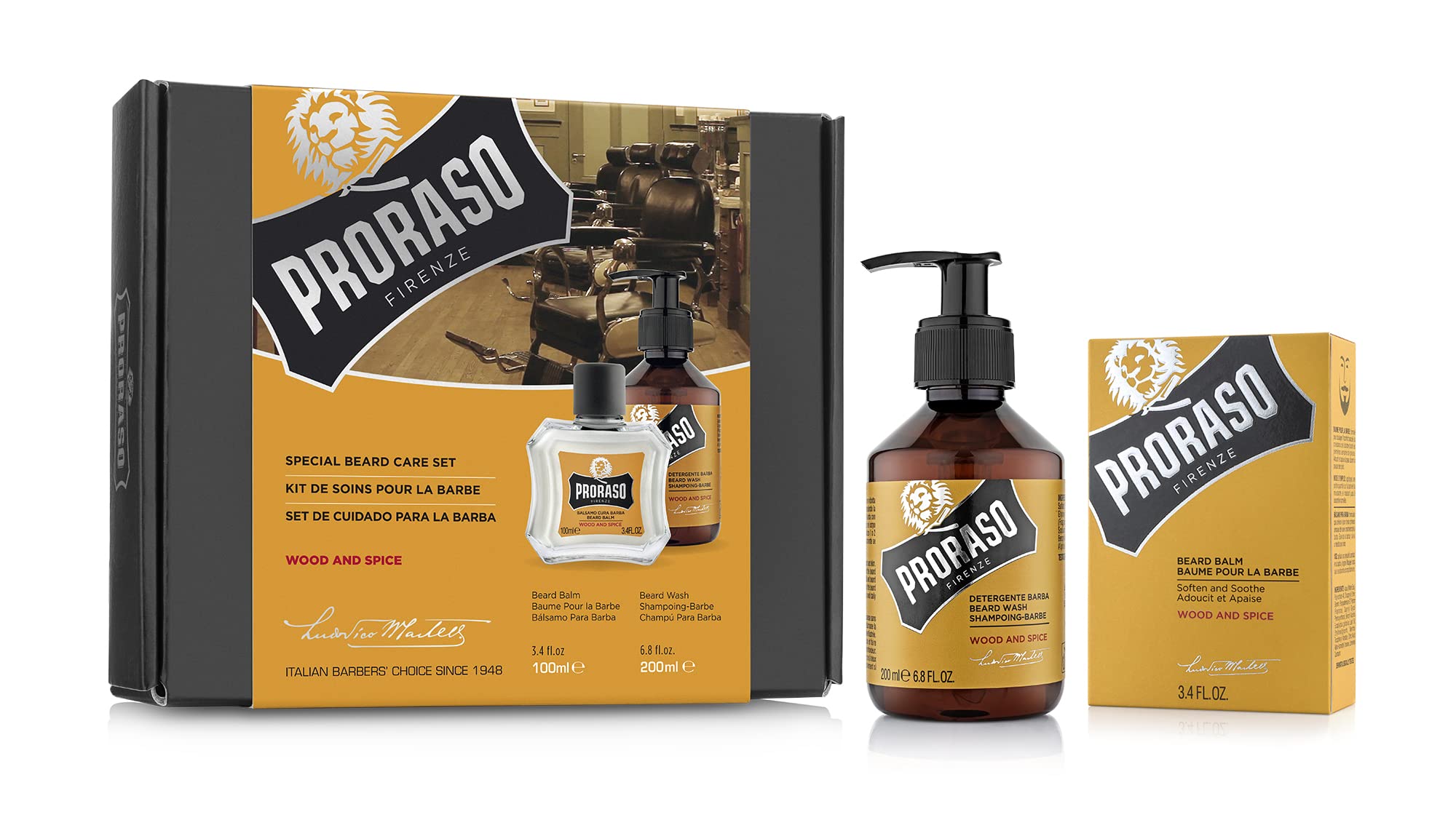 Proraso Beard Care Kit for Men | Beard Wash & Beard Balm to Cleanse, Soften and Reduce Itch for New or Short Beards | Wood & Spice Fragrance