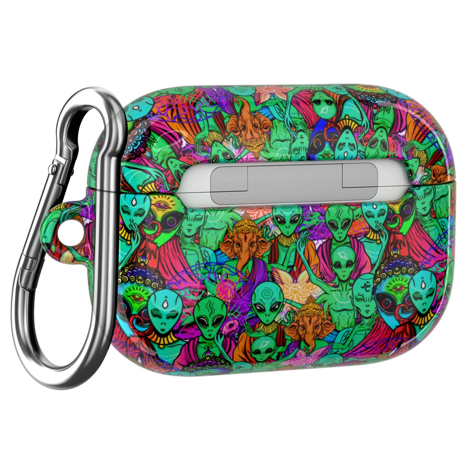 Hard Case Compatible with AirPods Pro 2 | AirPods Pro | AirPods 3 gen 2 1 with Keychain Green Aliens Design Buddha Plastic Boho UFO Psychedelic Portable Earpods Cover Protective Trippy Shockproof Hook