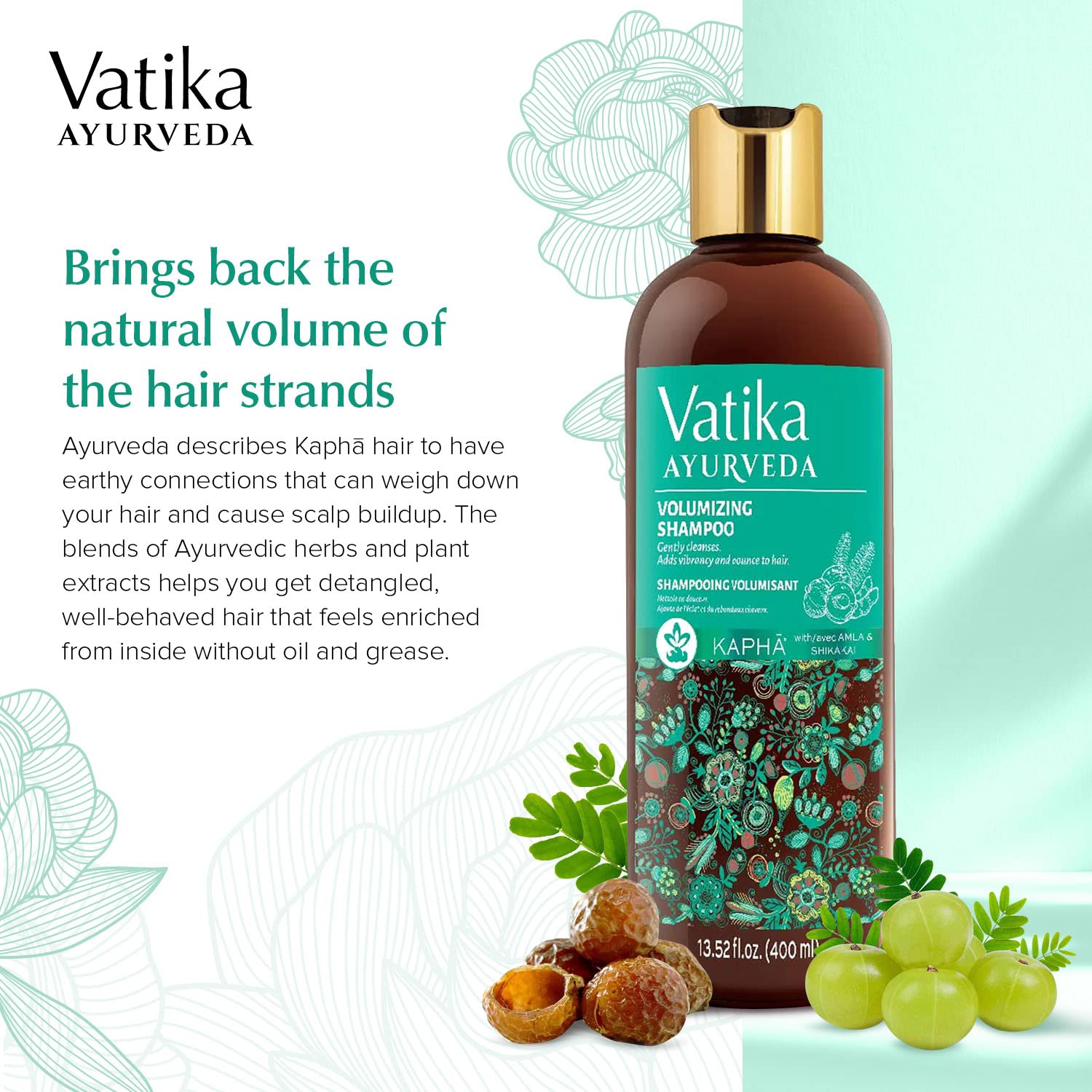 Vatika Ayurveda Volumizing Shampoo - Volumize Fine Hair, Thickening Salon Shampoo Contains Indian Gooseberry (Amla) + Soap Berry (Shikakai) Essential for Hair Volume & Shine, 400ml (For Kapha)