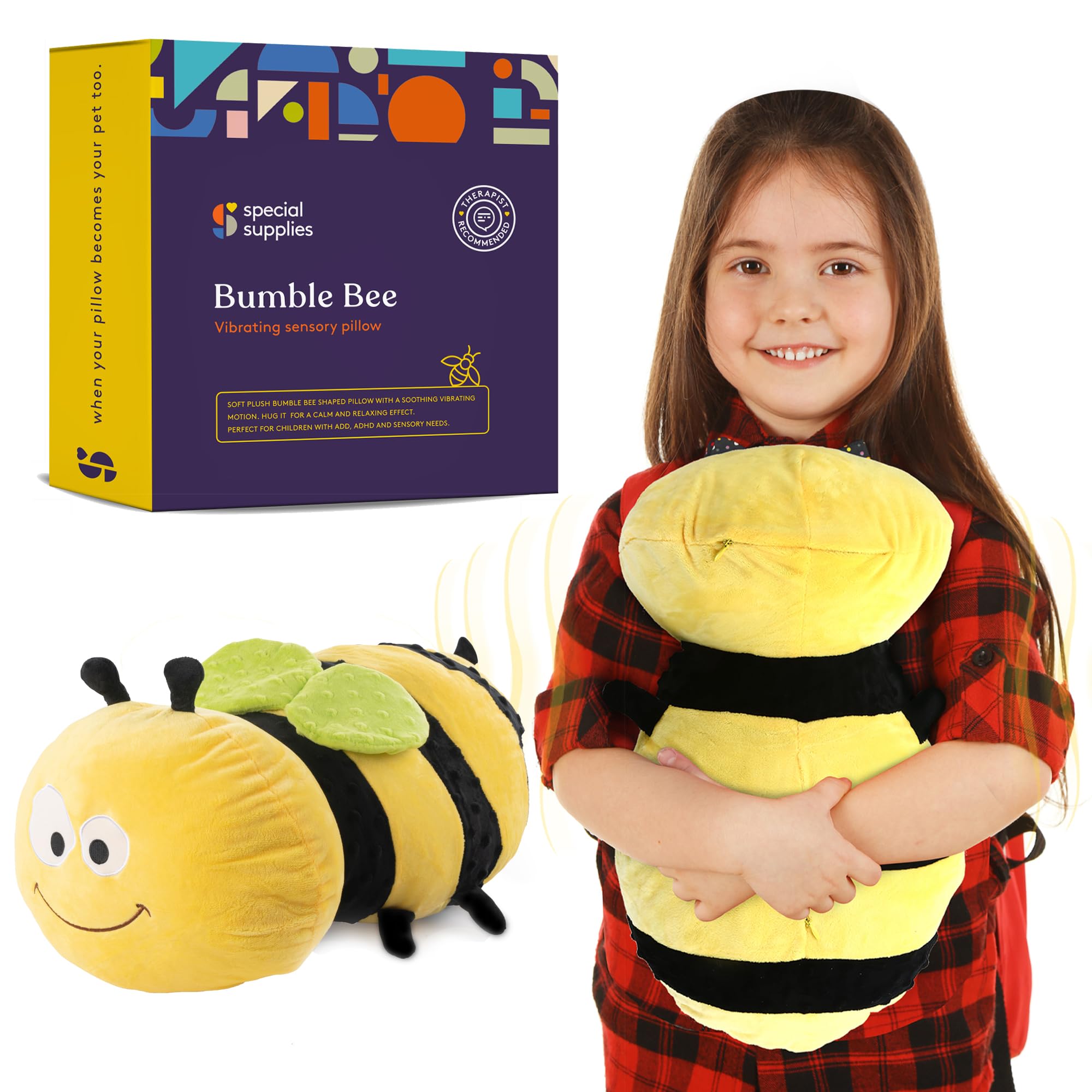 Special Supplies Bumble Bee Sensory Vibrating Pillow, Pressure Activated for Kids and Adults, Plush Minky Soft with Textured Therapy Stimulation Bumps. Size: 11 by 20 inches