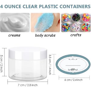 12 Pack 4 oz Small Plastic Containers with Lids and Labels, Clear Round Empty Jars Refillable Cosmetic Jars for Body Butter, Lotion, Body Scrub and Face Cream