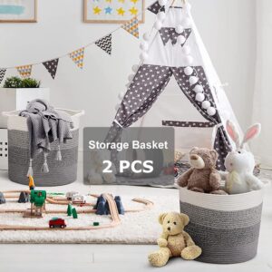 Laundry Basket Organizing,Kid Laundry Hamper, Decorative Woven Cotton Rope Basket, Blanket Basket for Storage, Baby and Dog Toy Storage Baskets Bin, Towel Basket, 4-Tone Dark Gray, 2PCS, 15.4" x14.2"