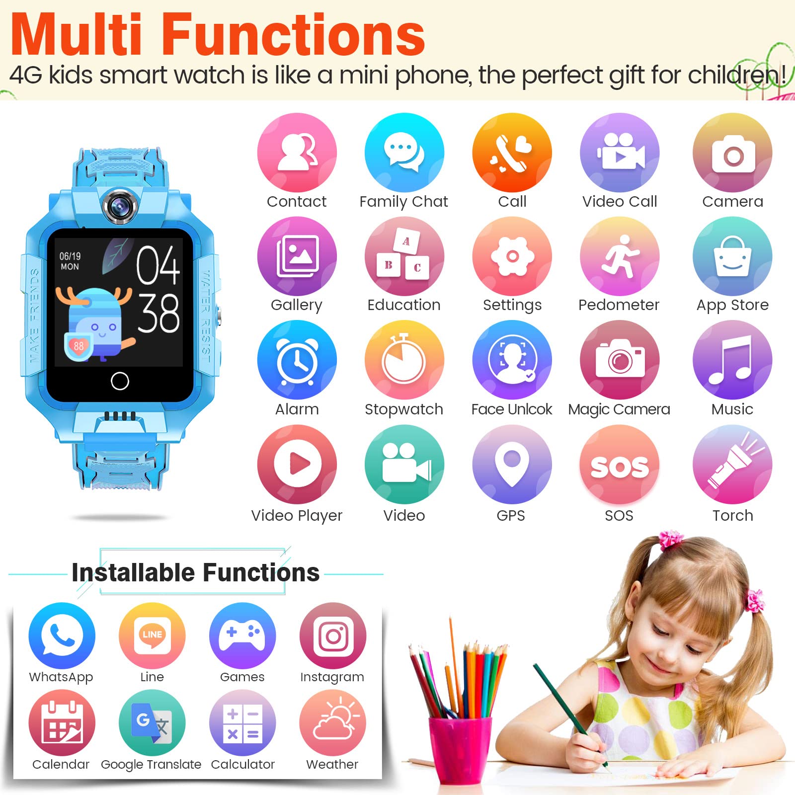 cjc Kids Smart Watches for Boys Girls Ages 3-15, Phone Watch with GPS Tracker SOS 3-Way Call Voice Chat, Educational Toys Smartwatches w SIM Slot 1.4 Touchscreen, Xmas Gift for 3-15 Years Toddler