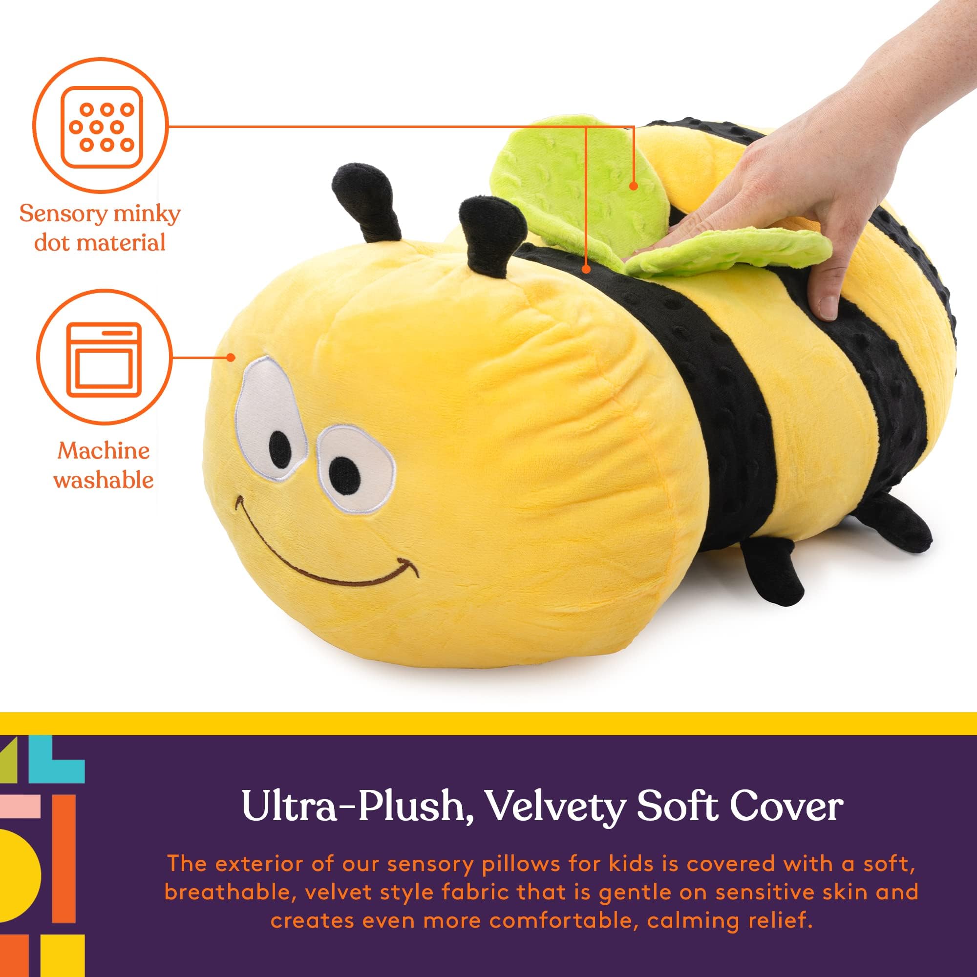 Special Supplies Bumble Bee Sensory Vibrating Pillow, Pressure Activated for Kids and Adults, Plush Minky Soft with Textured Therapy Stimulation Bumps. Size: 11 by 20 inches