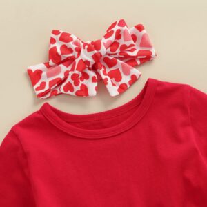 3Pcs Kids Toddler Baby Girl Valentine 's Day Outfits Red Long Sleeve Ruffle Shirt Heart Print Bell Bottom Pant Headband (Red, 90)