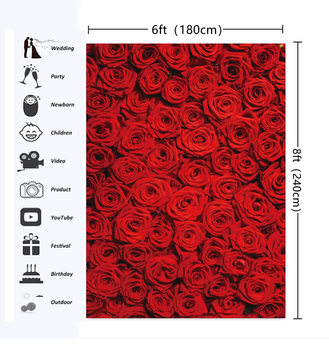 RUINI Red Rose Floral Wedding Photography Backdrop Roses Wall Lovers Girls Children Photos Backdrop 6x8FT