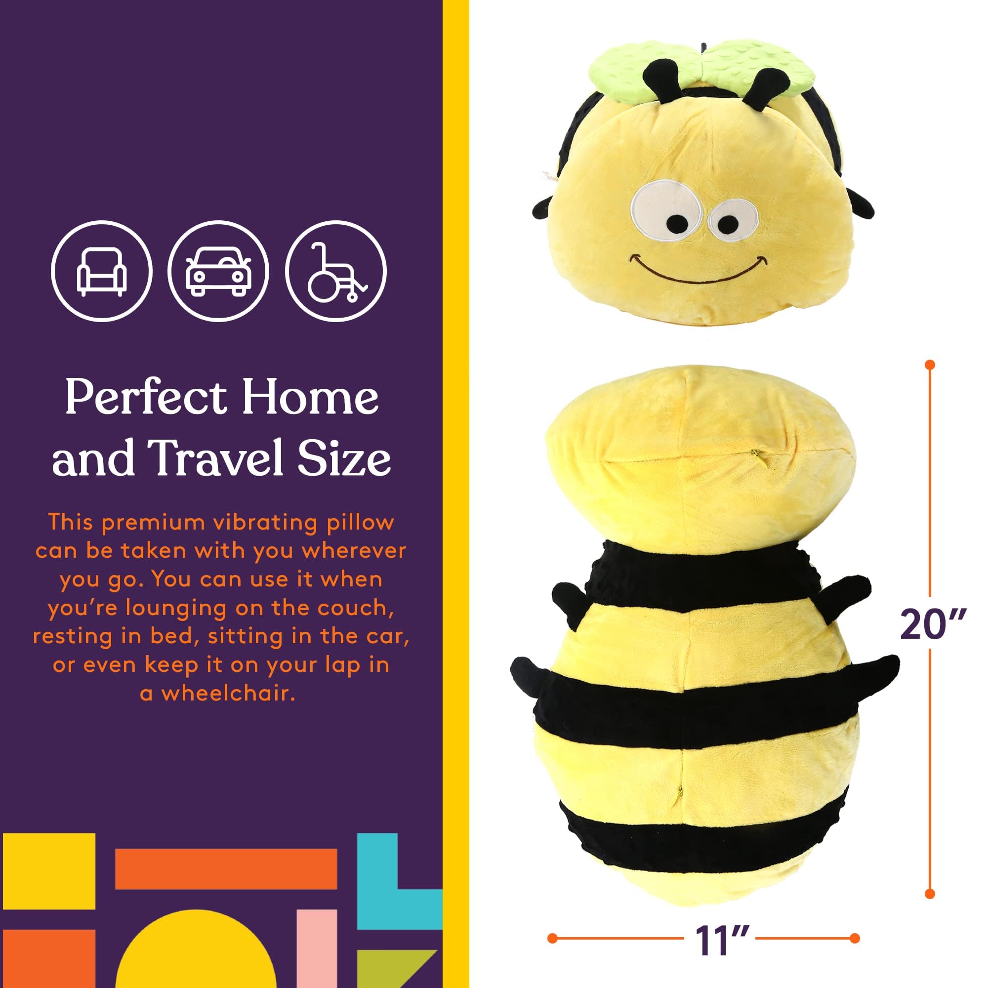 Special Supplies Bumble Bee Sensory Vibrating Pillow, Pressure Activated for Kids and Adults, Plush Minky Soft with Textured Therapy Stimulation Bumps. Size: 11 by 20 inches