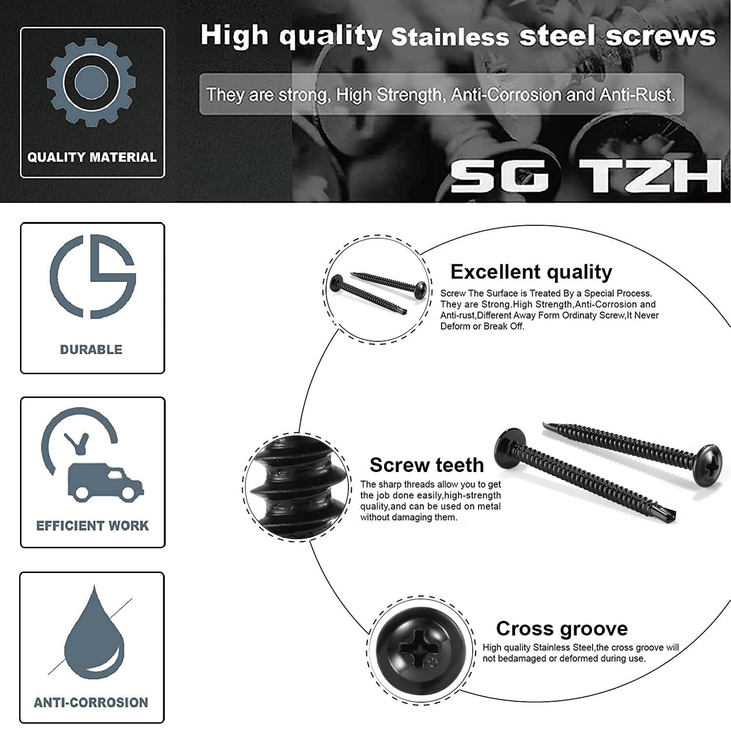 #8 x 3/4" Sheet Metal Screws 100Pcs 410 Stainless Steel Truss Head Fast Self Tapping Screws Black Oxide by SG TZH