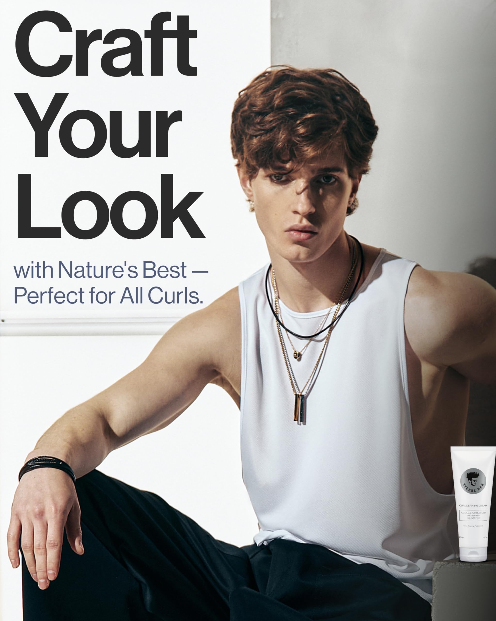 Avenue Man Curl Defining Cream - improved Formula- Natural & Flexible Hold with Herbal Extracts for All Hair Types - Paraben Free & Sulfate Free