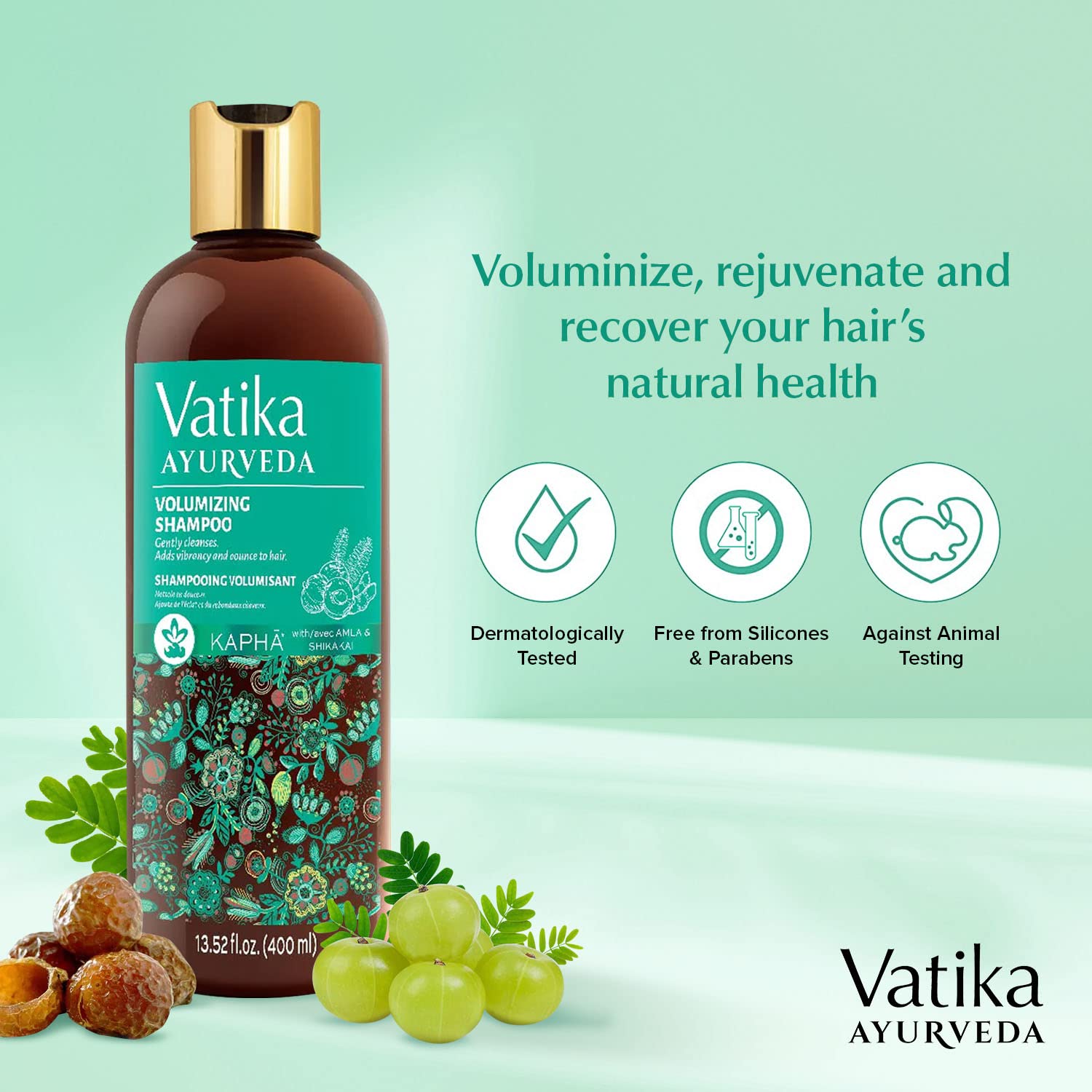 Vatika Ayurveda Volumizing Shampoo - Volumize Fine Hair, Thickening Salon Shampoo Contains Indian Gooseberry (Amla) + Soap Berry (Shikakai) Essential for Hair Volume & Shine, 400ml (For Kapha)