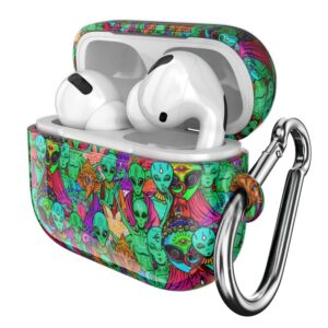 Hard Case Compatible with AirPods Pro 2 | AirPods Pro | AirPods 3 gen 2 1 with Keychain Green Aliens Design Buddha Plastic Boho UFO Psychedelic Portable Earpods Cover Protective Trippy Shockproof Hook