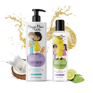 maya mari curly hair kids ultimate curls set includes 2 in 1 shampoo and conditioner, and leave in conditioner - coconut scent