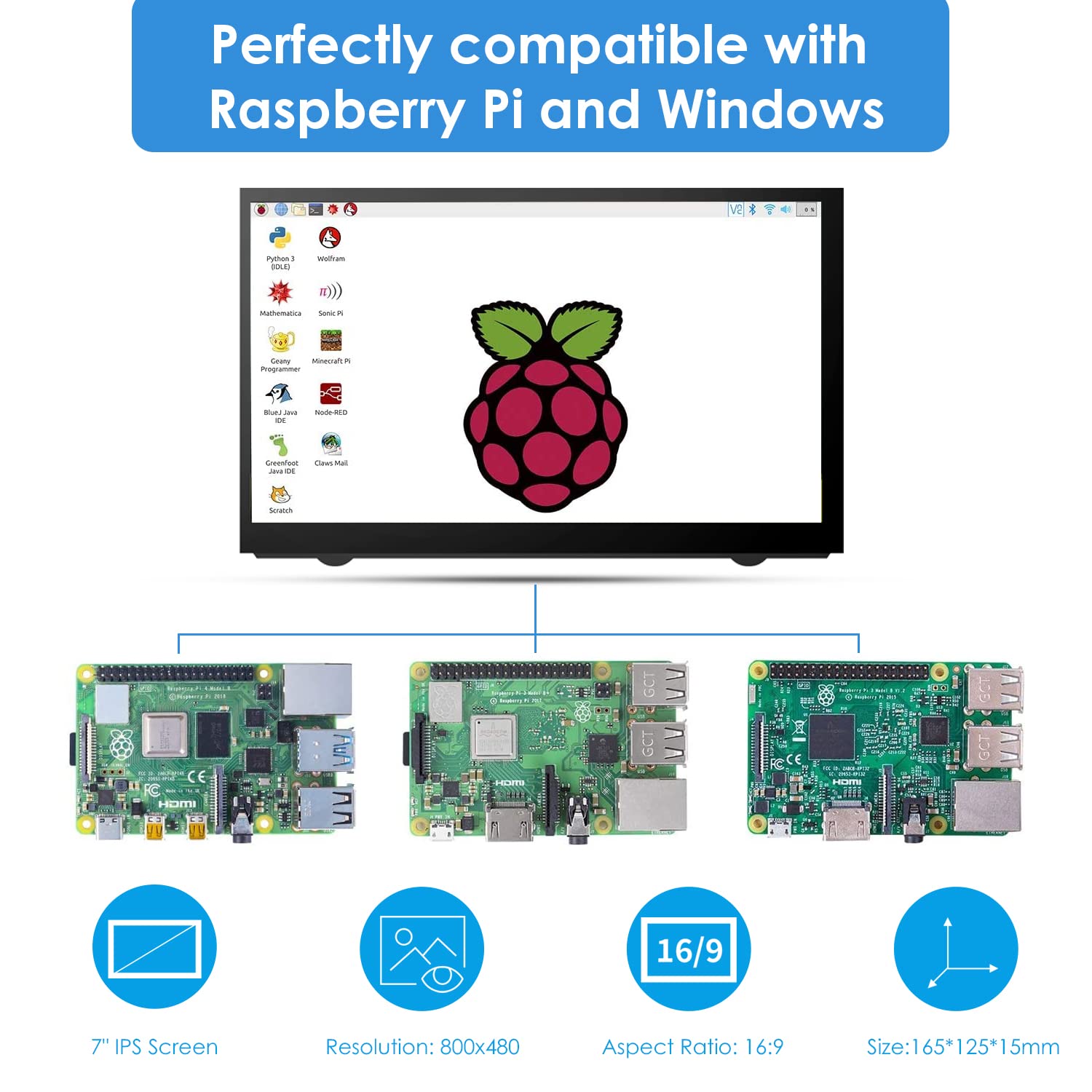 HMTECH 7 Inch Raspberry Pi Screen 800x480 HDMI Portable Monitor IPS LCD Screen Display for Raspberry Pi 4/3/2/Zero/B/B+ Win11/10/8/7 (Non-Touch)