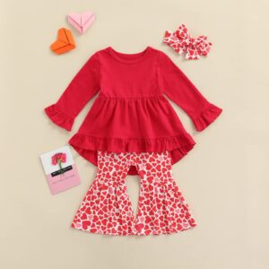 3Pcs Kids Toddler Baby Girl Valentine 's Day Outfits Red Long Sleeve Ruffle Shirt Heart Print Bell Bottom Pant Headband (Red, 90)