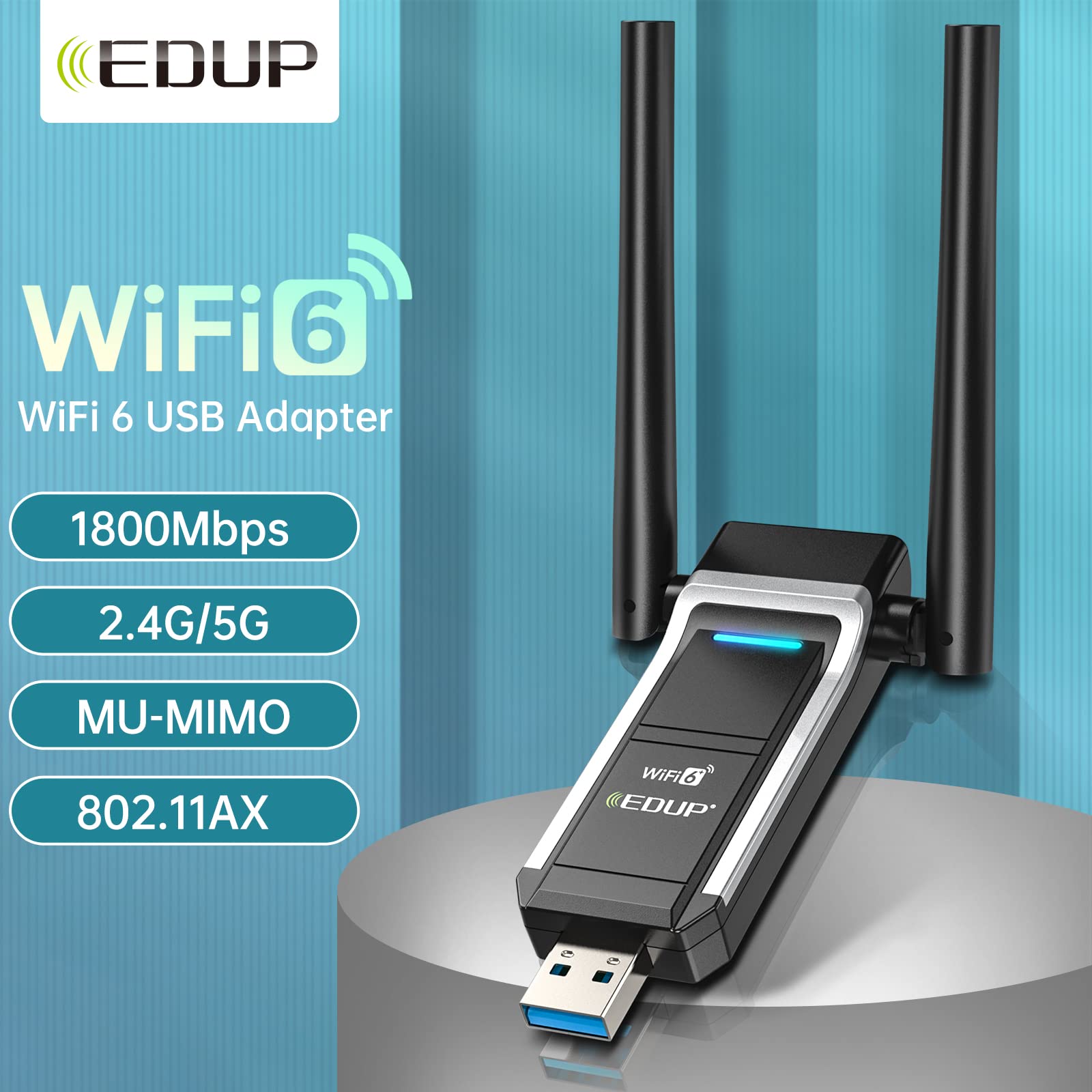 EDUP LOVE AX1800M USB WiFi 6 Adapter 802.11ax for PC, USB 3.0 WiFi Dongle Dual Band 5Ghz/2.4Ghz High Gain Dual Antennas MU-MIMO Wireless Network Adapter for PC Desktop Laptop Supports Windows 11/10/7