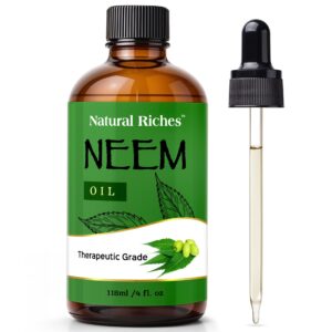 natural riches neem oil for skin care cold pressed, 100% pure. great for hair care, skin, nails, acne anti-aging moisturizer - you can also use it on plants. 4 fl. oz.