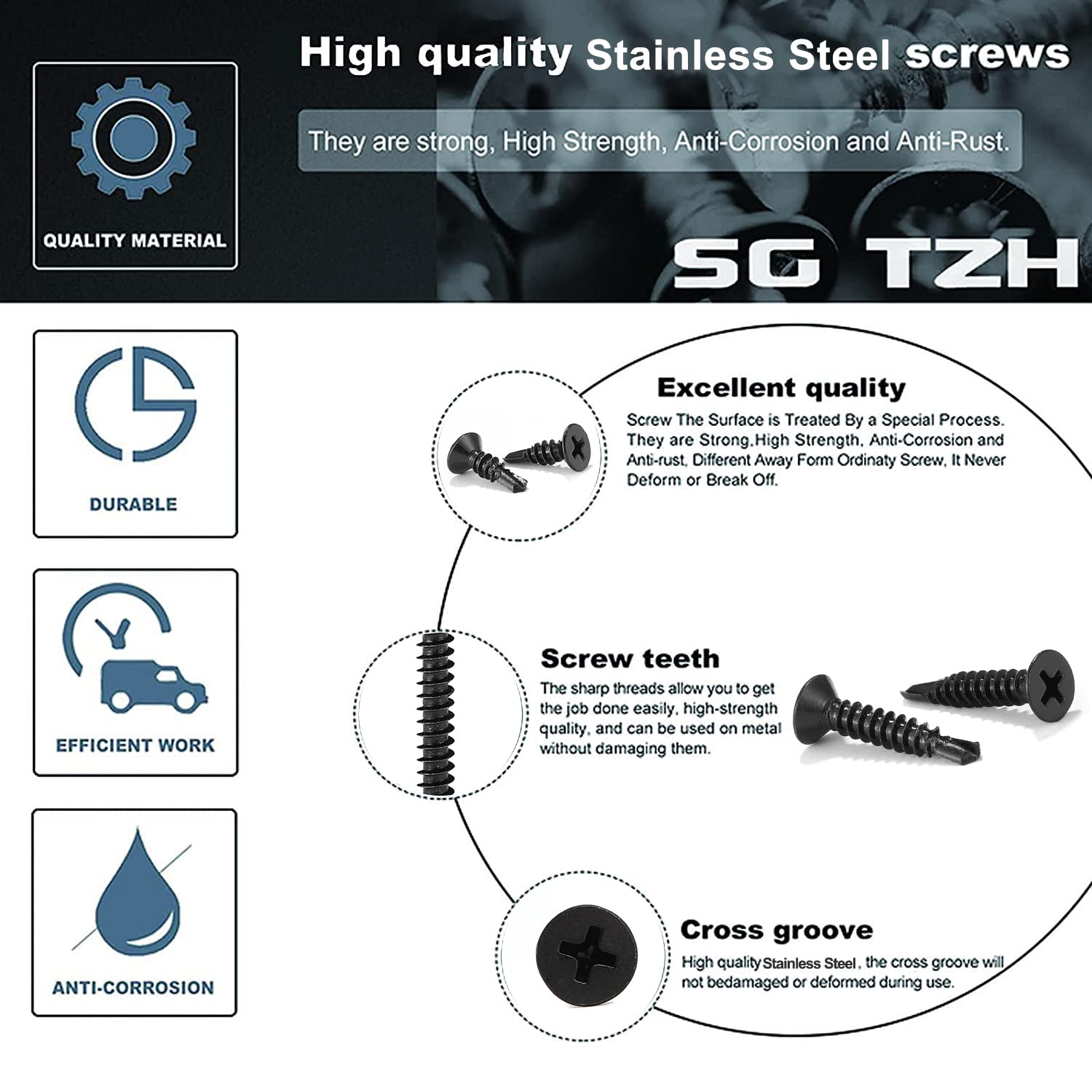 #8 x 3/4" Sheet Metal Screws 100Pcs 410 Stainless Steel Flat Head Fast Self Tapping Screws Black Oxide by SG TZH