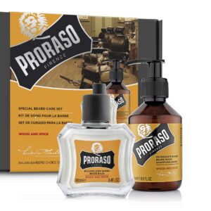 Proraso Beard Care Kit for Men | Beard Wash & Beard Balm to Cleanse, Soften and Reduce Itch for New or Short Beards | Wood & Spice Fragrance