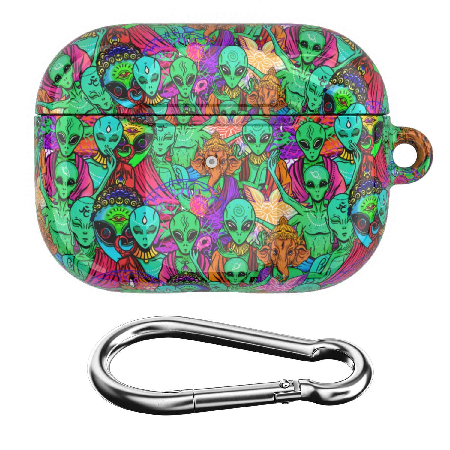 Hard Case Compatible with AirPods Pro 2 | AirPods Pro | AirPods 3 gen 2 1 with Keychain Green Aliens Design Buddha Plastic Boho UFO Psychedelic Portable Earpods Cover Protective Trippy Shockproof Hook