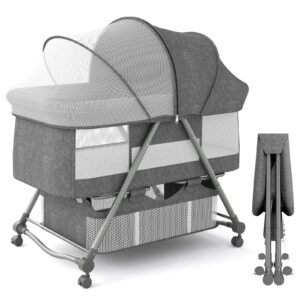 67i baby bassinet portable folding rocking bedside bassinet crib for baby cosleeper bassinets bedside sleeper on wheels with mosquito nets newborn infant toddler bassinet with storage basket (grey)