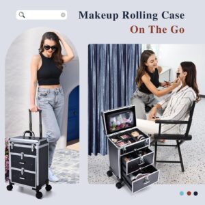 Adazzo Professional Rolling Makeup Train Case with Drawers, Large Cosmetic Trolley with Locks, Cosmetics Storage Organizer Make up Case for Travel Makeup/Nail Art/Hair Styling, Matte Black