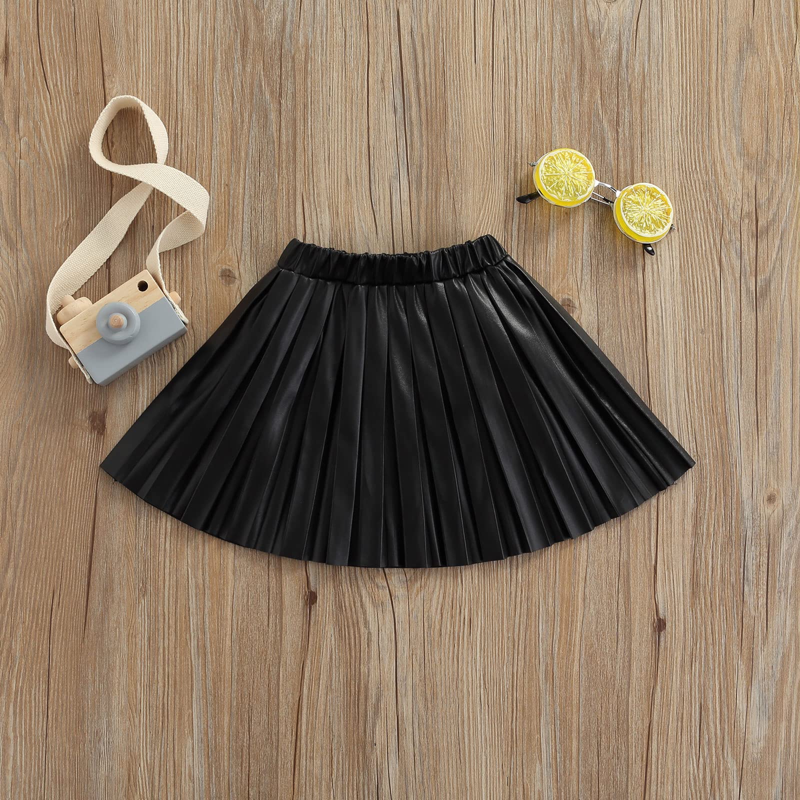 Mubineo Toddler Baby Girl Basic Plain PU Pleated Skirt Leather Casual Mini Skirts (4T, Black)