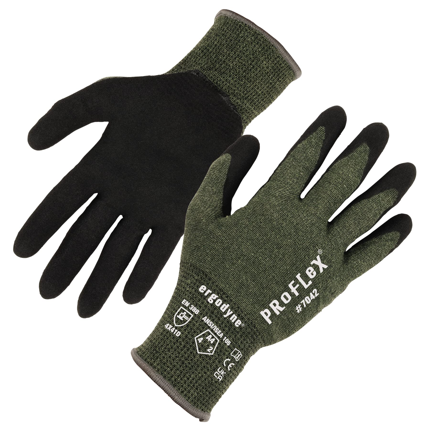 Ergodyne ProFlex 7042 Cut Resistant Work Gloves, ANSI A4, Contact Heat Resistant, Sandy Nitrile Coated Palms, 18g Aramid, Green, Large US