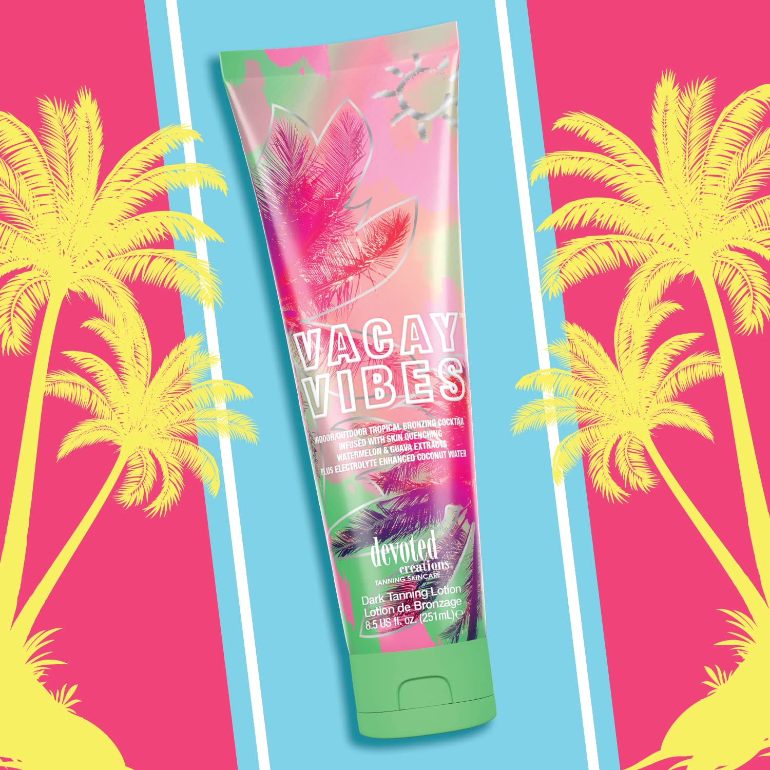 Devoted Creations Vacay Vibes Tanning Lotion – Indoor/Outdoor Tropical Bronzing Cocktail Infused with Skin Quenching Watermelon and Guava Extracts, plus Electrolyte Enhanced Coconut Water – 8.5 oz.