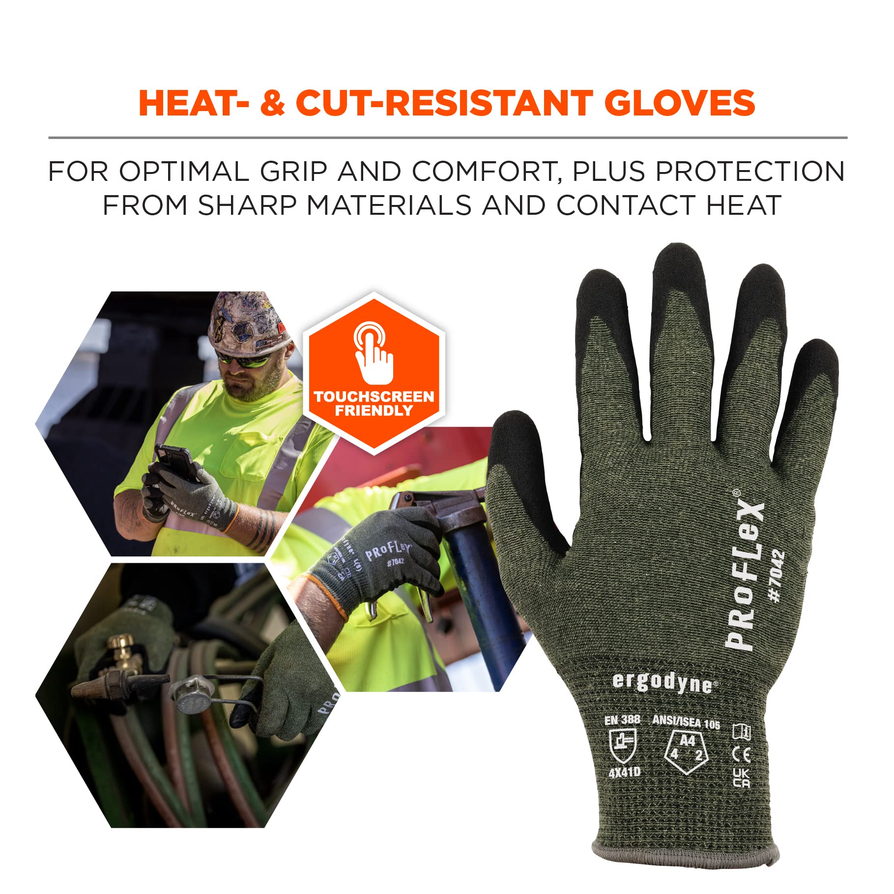 Ergodyne ProFlex 7042 Cut Resistant Work Gloves, ANSI A4, Contact Heat Resistant, Sandy Nitrile Coated Palms, 18g Aramid, Green, Large US