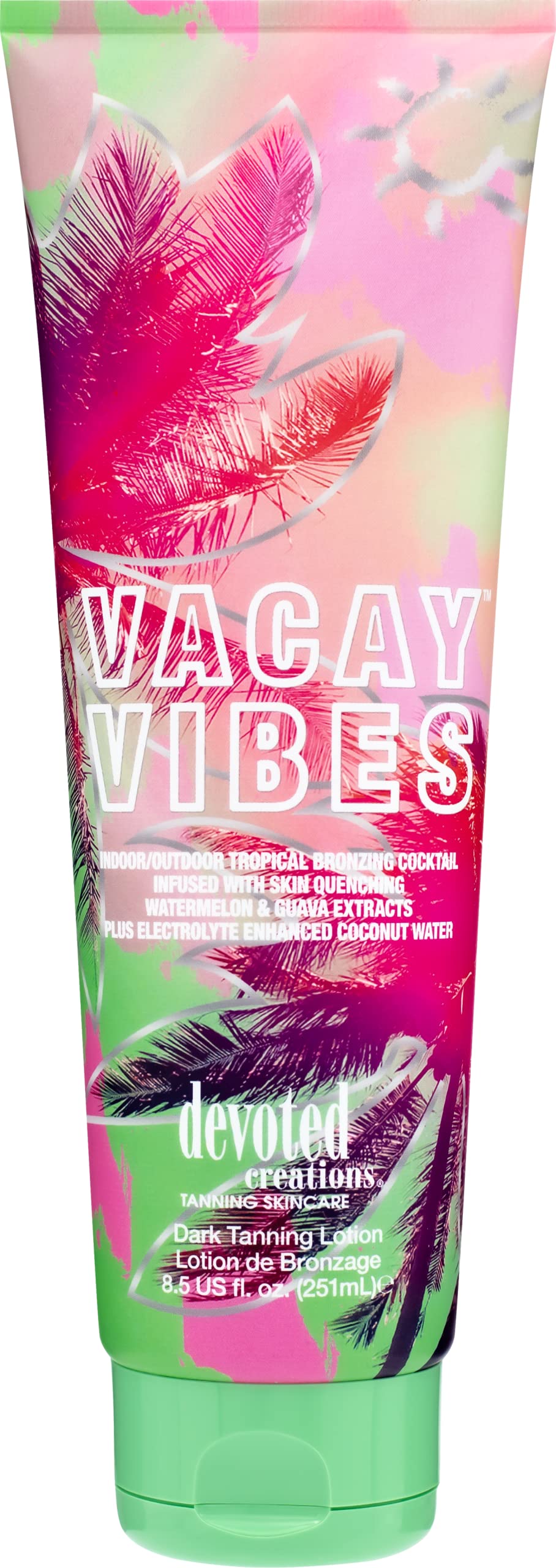 Devoted Creations Vacay Vibes Tanning Lotion – Indoor/Outdoor Tropical Bronzing Cocktail Infused with Skin Quenching Watermelon and Guava Extracts, plus Electrolyte Enhanced Coconut Water – 8.5 oz.