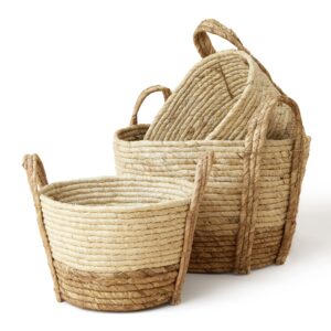 la jolie muse hand woven wicker storage baskets, seagrass rope natural basket set of 3, minimalist decorative home basket organizers for kitchen living room bedroom office, brown and beige