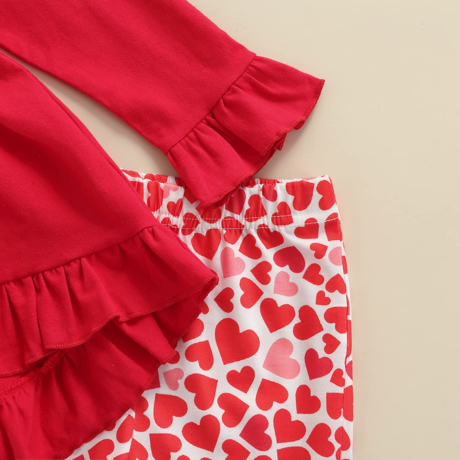 3Pcs Kids Toddler Baby Girl Valentine 's Day Outfits Red Long Sleeve Ruffle Shirt Heart Print Bell Bottom Pant Headband (Red, 90)