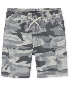 the children's place baby and toddler boys camo pull on cargo shorts, fin gray, 18-24 months