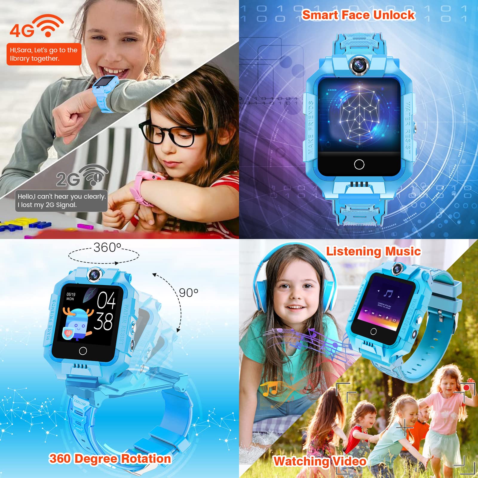 cjc Kids Smart Watches for Boys Girls Ages 3-15, Phone Watch with GPS Tracker SOS 3-Way Call Voice Chat, Educational Toys Smartwatches w SIM Slot 1.4 Touchscreen, Xmas Gift for 3-15 Years Toddler