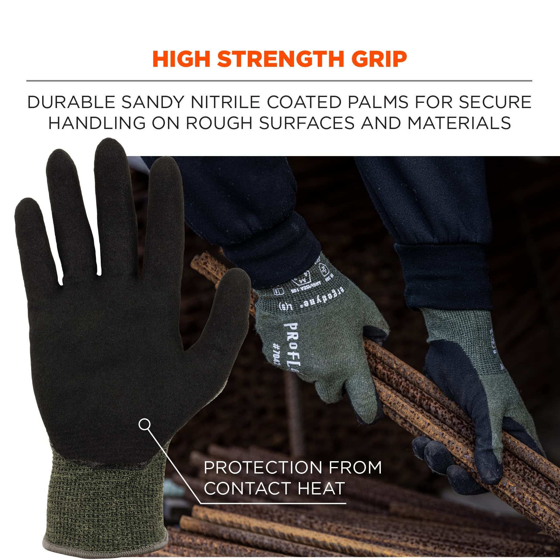 Ergodyne ProFlex 7042 Cut Resistant Work Gloves, ANSI A4, Contact Heat Resistant, Sandy Nitrile Coated Palms, 18g Aramid, Green, Large US