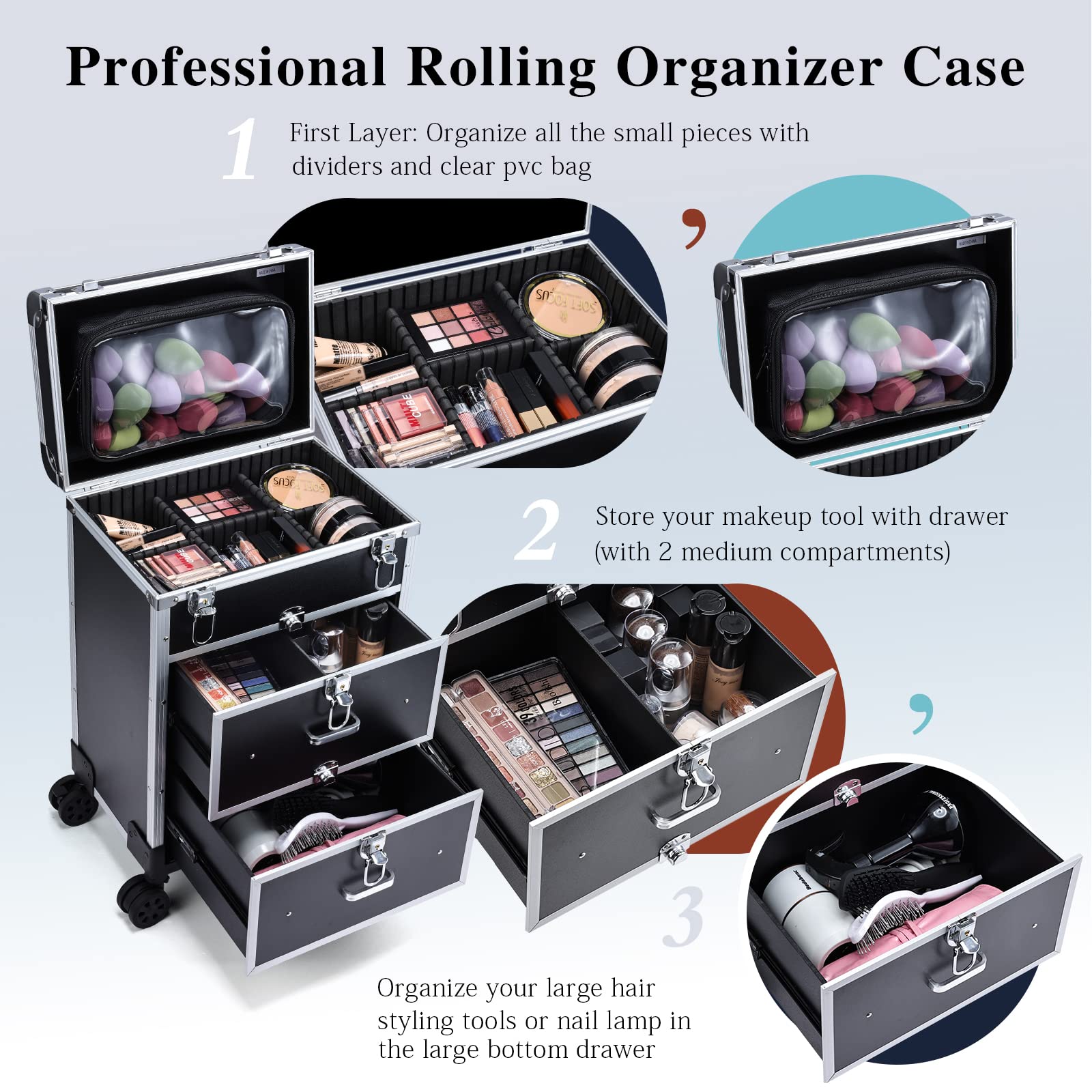 Adazzo Professional Rolling Makeup Train Case with Drawers, Large Cosmetic Trolley with Locks, Cosmetics Storage Organizer Make up Case for Travel Makeup/Nail Art/Hair Styling, Matte Black