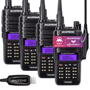 mirkit 4x waterproof baofeng radio uv-9r plus mk1 (uv-82 3rd gen) 8w max power 2024 vhf/uhf 144-148/420-450mhz walkie talkies, 2200mah battery & programming cable, ip67 dust, cold, waterproof