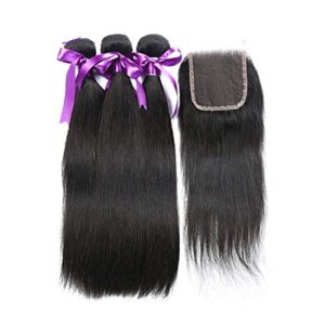 hair extensions, wigs & accessories peruvian straight hair 3 bundles with 4 * 4 closure free part 100% human hair non remy human hair extension for women