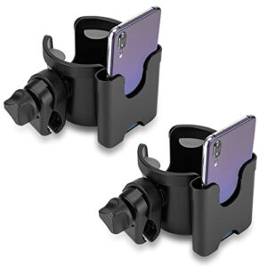 suranew 2 pack wheelchair cup holders with phone holder/organizer, universal bike cup holder, 2-in-1 cup holder for walker, bike, stroller, walker