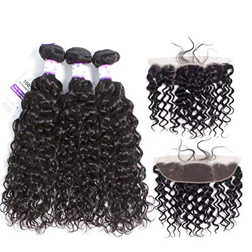 Hair Extensions, Wigs & Accessories Peruvian Water Wave Baby Hair 3 Bundles With 13 * 4 Lace Frontal Closure Hair Weave Bundles Non Remy Human Hair Weave for Women (Length : 24 24 24 Cl20)