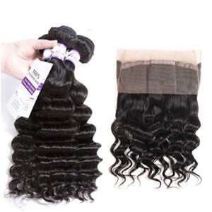 hair extensions, wigs & accessories brazilian loose deep wave 3 bundles with 360 lace frontal closure hair weave bundles non remy human hair for women (length : 24 26 28 closure20)