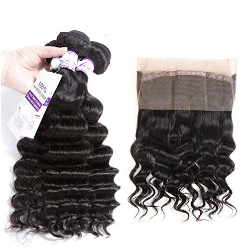 Hair Extensions, Wigs & Accessories Brazilian Loose Deep Wave 3 Bundles With 360 Lace Frontal Closure Hair Weave Bundles Non Remy Human Hair for Women (Length : 24 26 28 Closure20)