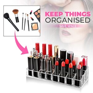 Vante Lipstick Holder - Acrylic Makeup Organizer Stand for Multipurpose Storage for Vanity- Lip Gloss Tubes, Balm, Mascara, Skincare- Clear Cosmetic Display Case with 24 Compartments